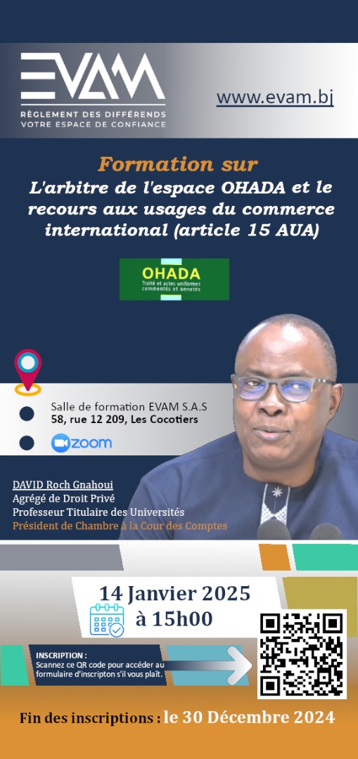 Annonce du Centre EVAM : Formation sur l'arbitrage, le 14 janvier 2025 en bimodal (à Cotonou et ...